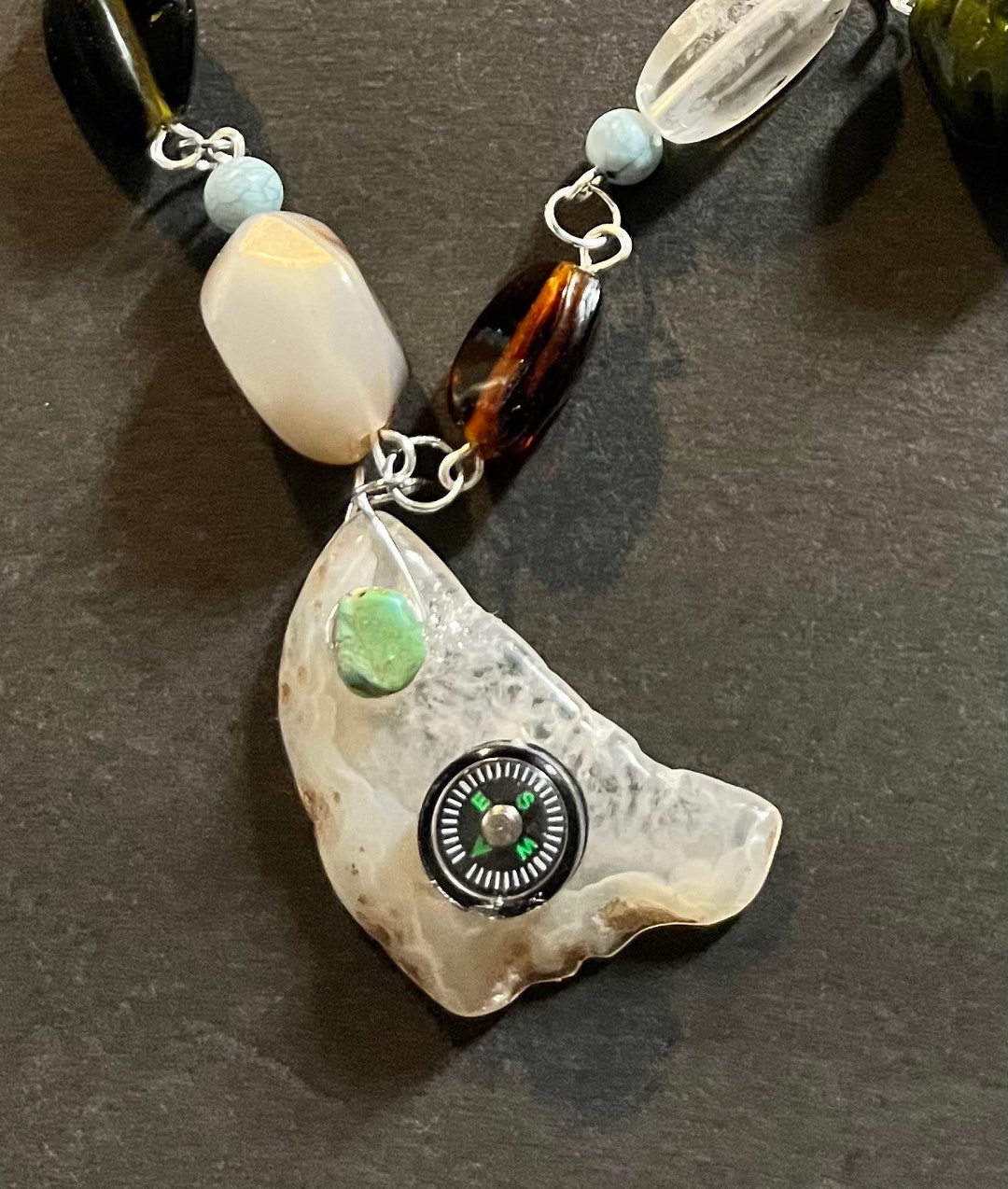 Womens Unique Agate and Compass Beaded Necklace, Stone With Compass ...