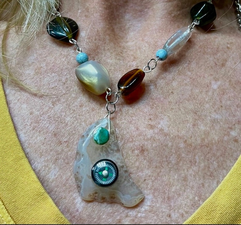 Womens Unique Agate and Compass Beaded Necklace, Stone With Compass ...