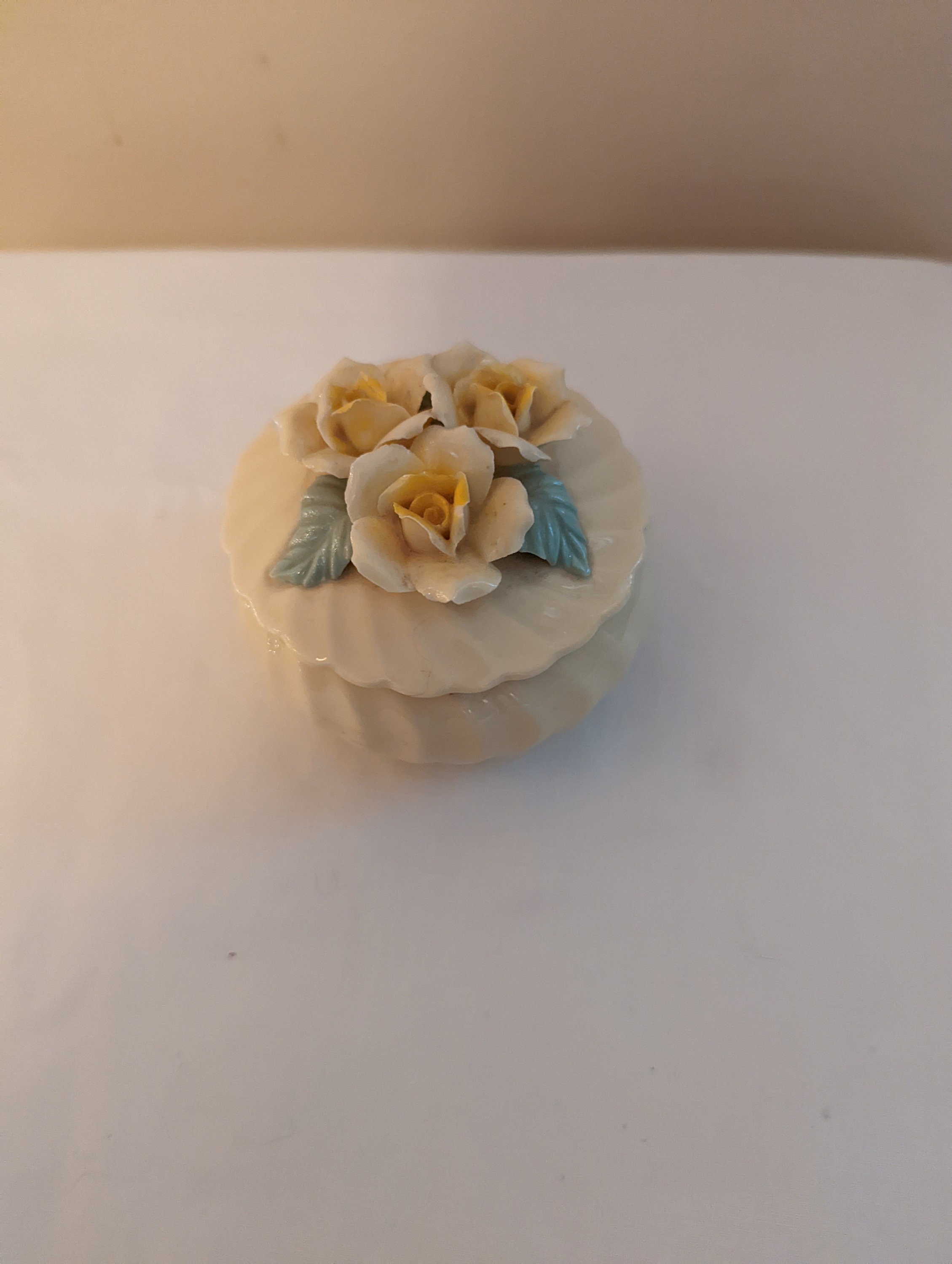 Vintage Japan Porcelain Enesco Round Trinket Box With Applied Yellow ...