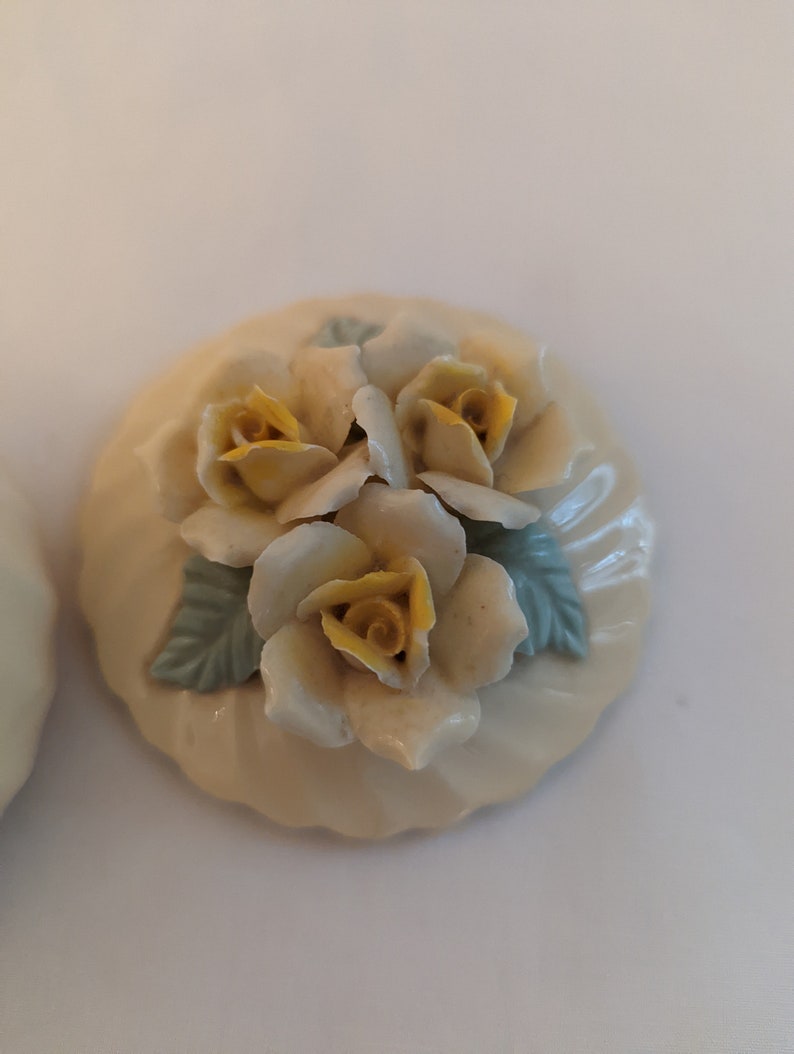 Vintage Japan Porcelain Enesco Round Trinket Box With Applied Yellow ...