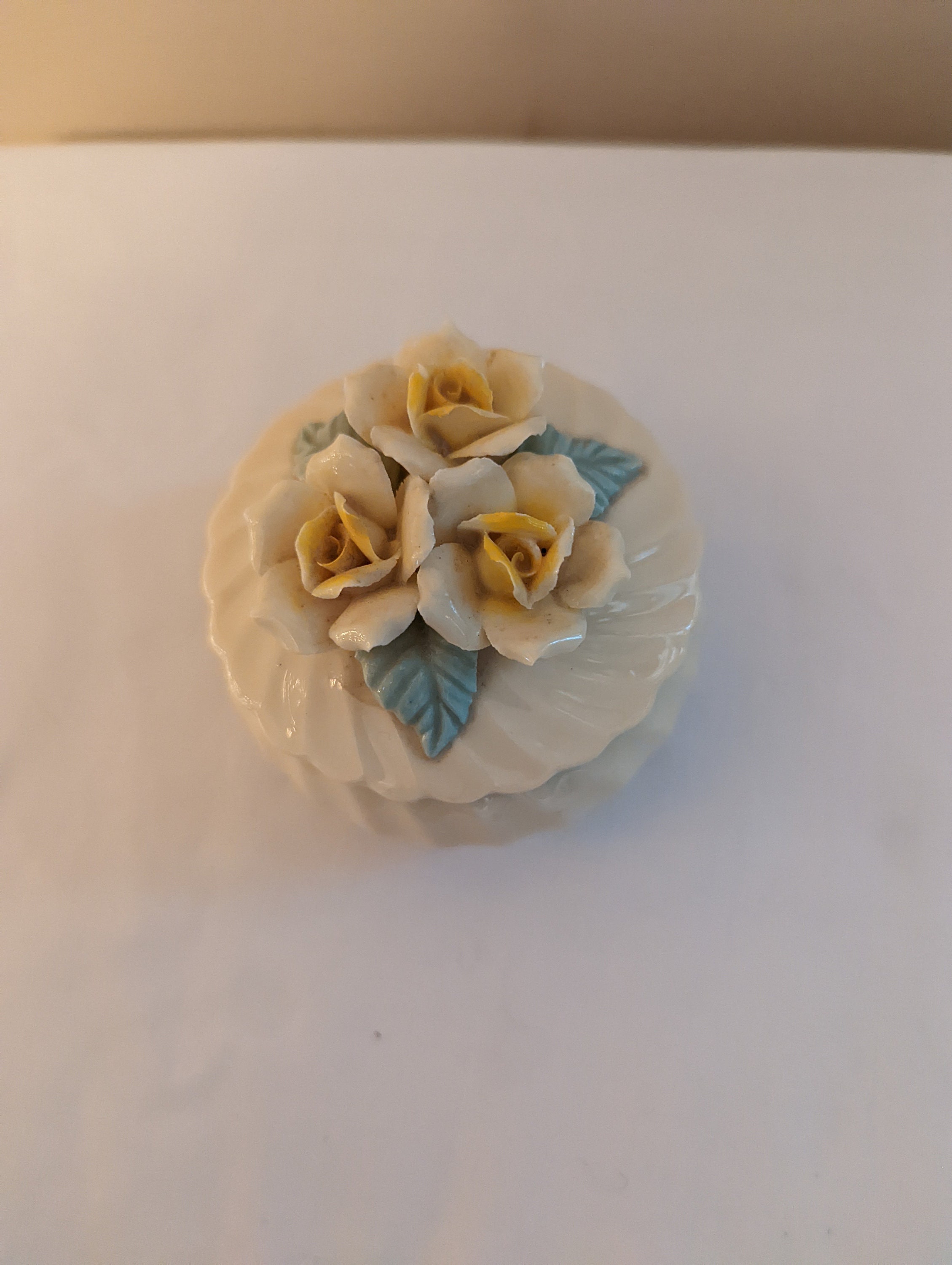 Vintage Japan Porcelain Enesco Round Trinket Box With Applied Yellow ...