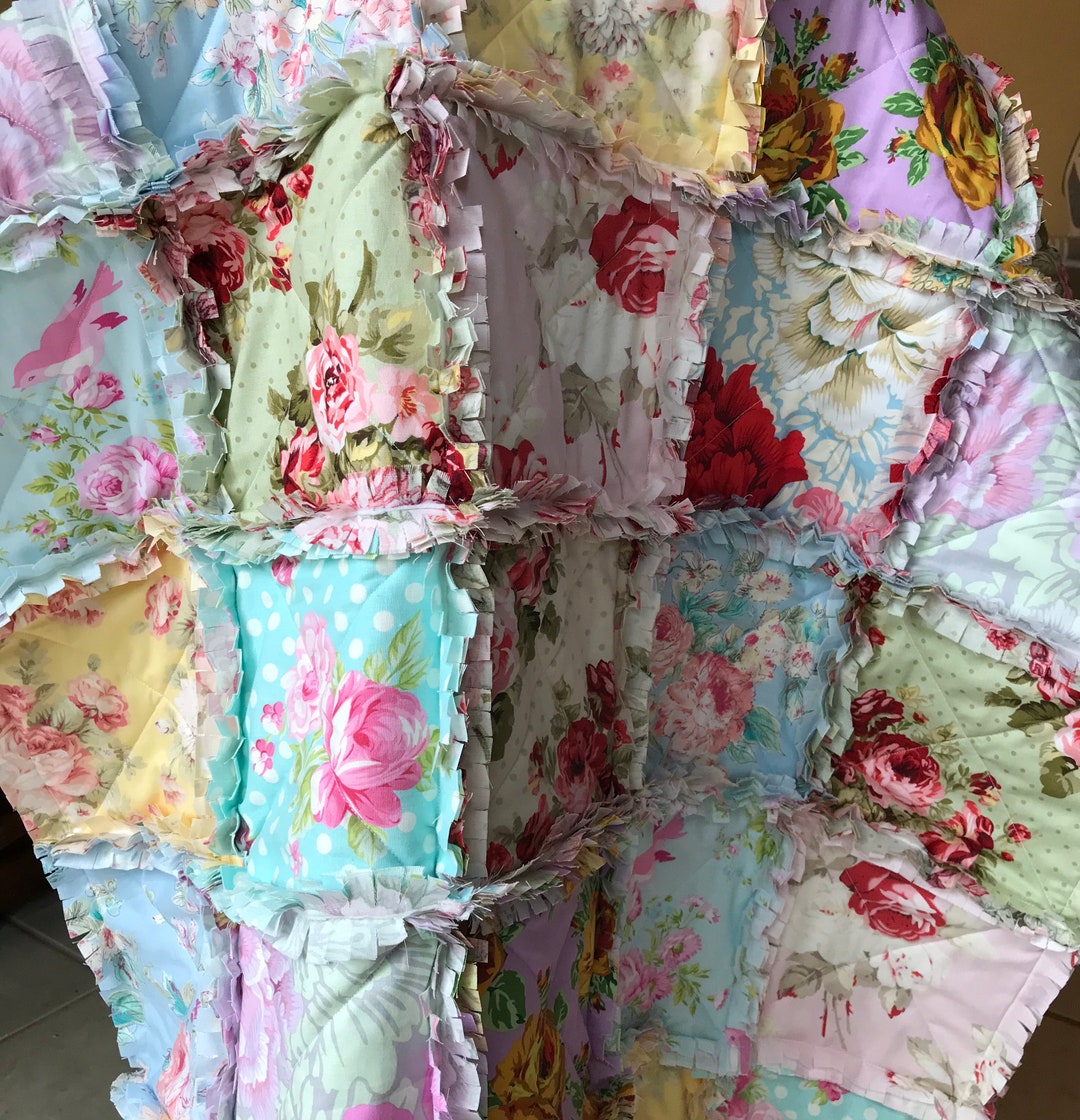 Shabby Crib Rag Quilt,pink Roses Cottagedome Baby Quilt Blue Green ...