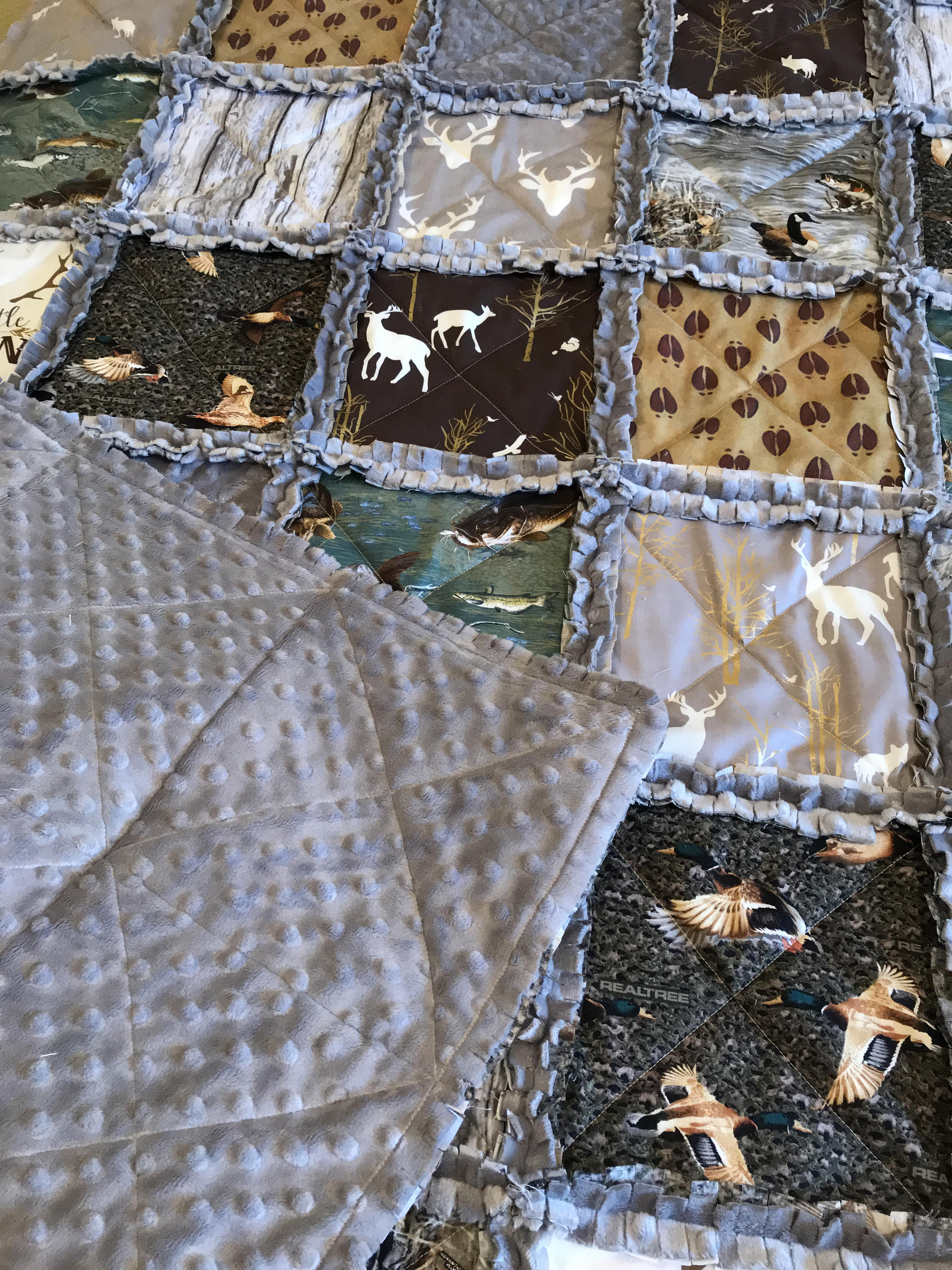 Woodland Crib Rag Quilt: Deer, Ducks, Fish - Tan & Gray Bedding - Etsy