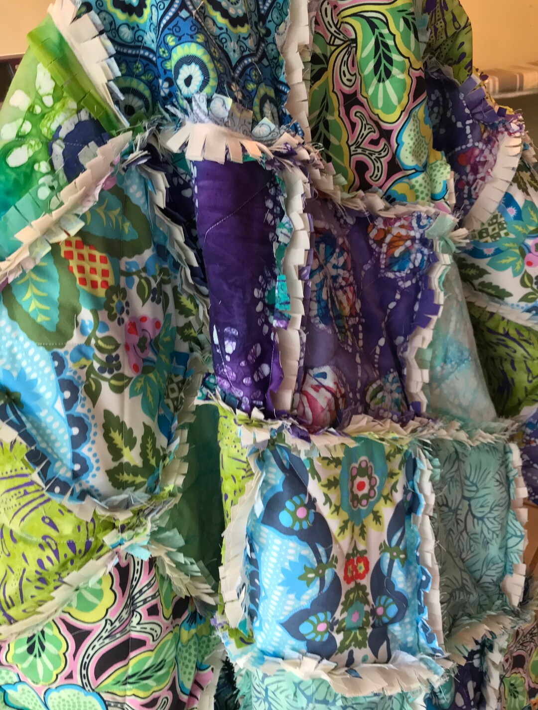Purple Rag Quilt, Batik Lap Quilt Blue Aqua Olive Green Paisley Girl ...