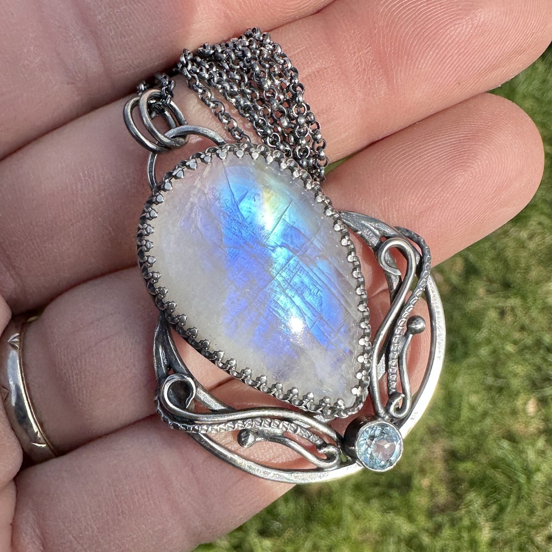 Rainbow Moonstone Moon Necklace, Aquamarine, Half Moon Pendant ...