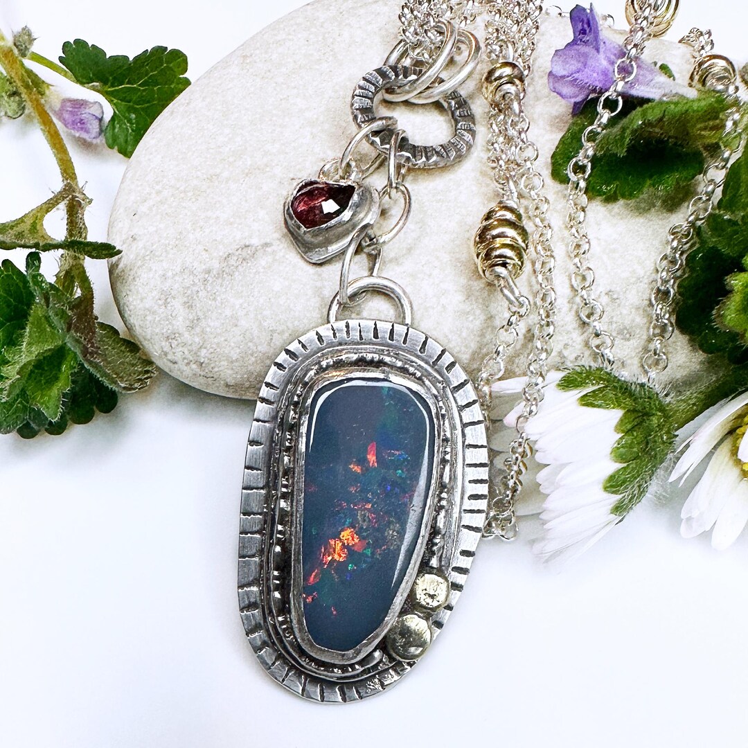Heart, Multistone Pendant, Australian Opal, Sterling Silver, 14K Solid ...