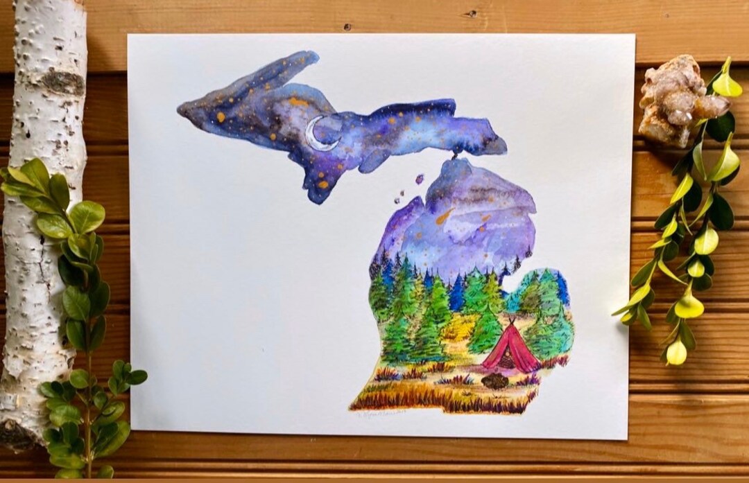 Michigan Map Watercolor Art Print: Night Sky Camping Landscape ...