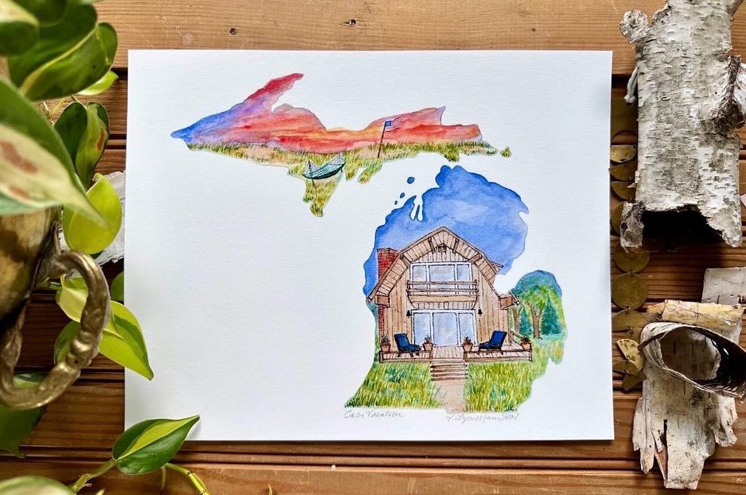 Michigan Map Outline Original Watercolor Painting Print Art Sunset ...