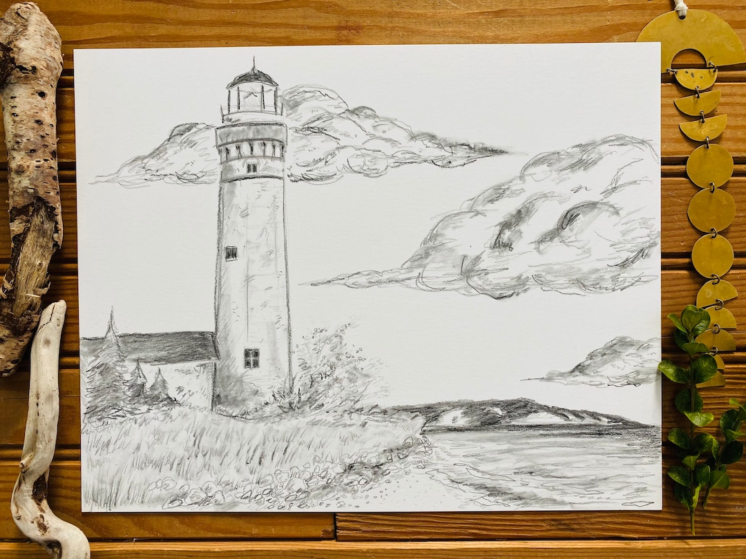 South Manitou Lighthouse Drawing, Sleeping Bear Dunes Art, Michigan ...
