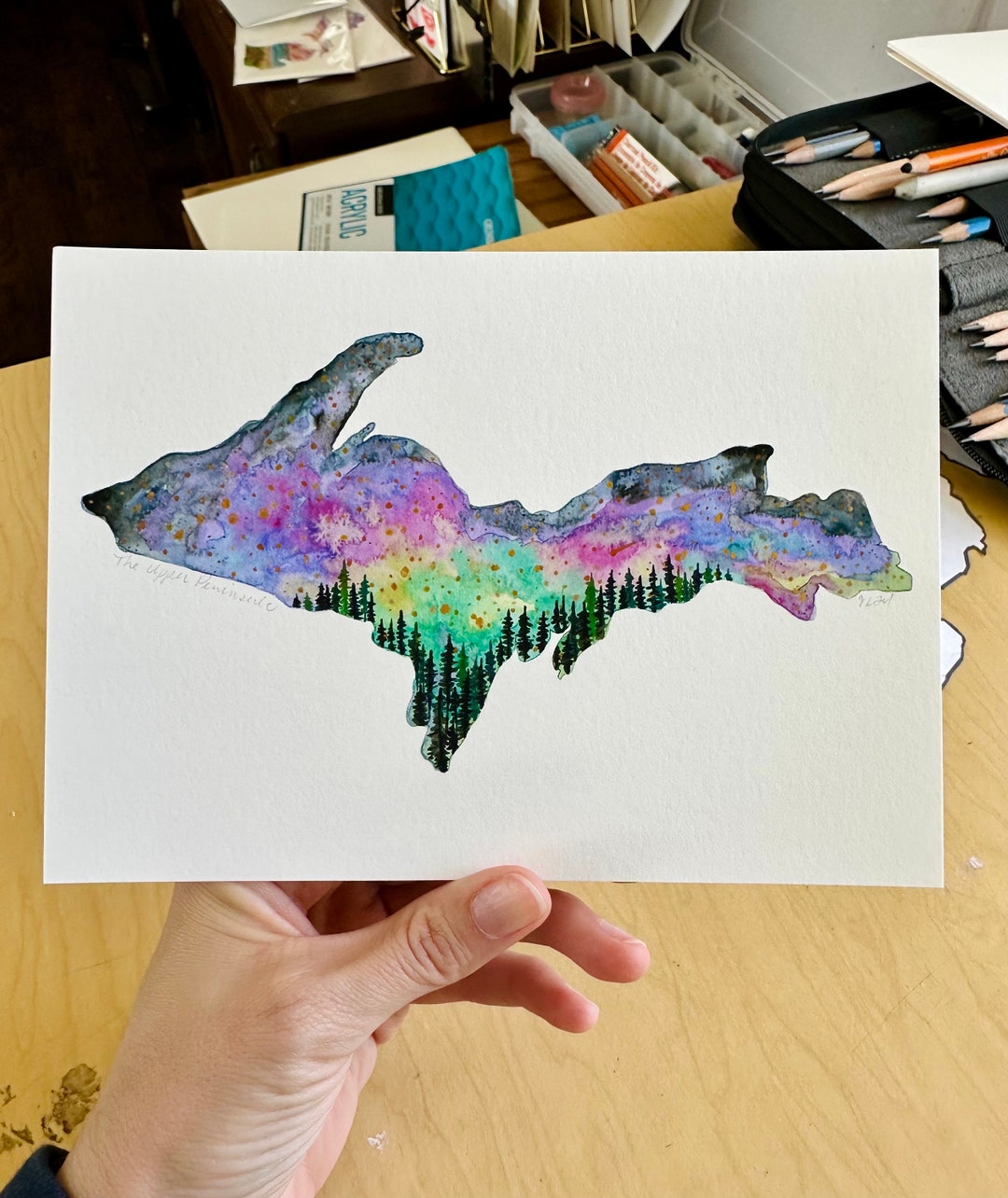 Michigan Map Outline Original Watercolor Art Print Aurora Borealis ...