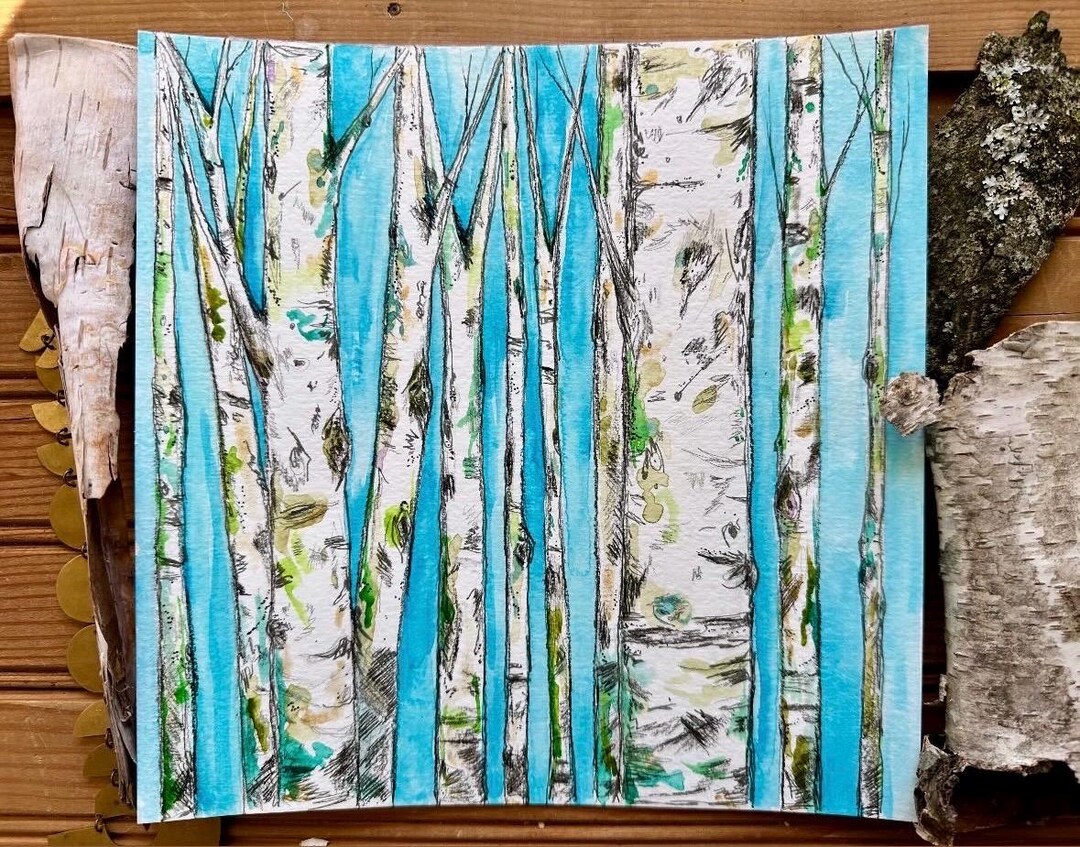 Original Watercolor Aspen Birch Tree Painting, Minimalist Landscape Art ...