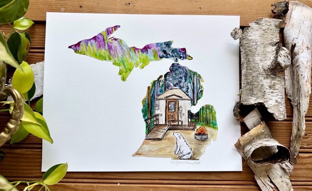 Michigan Outline State Map Watercolor Art Print Aurora Borealis ...