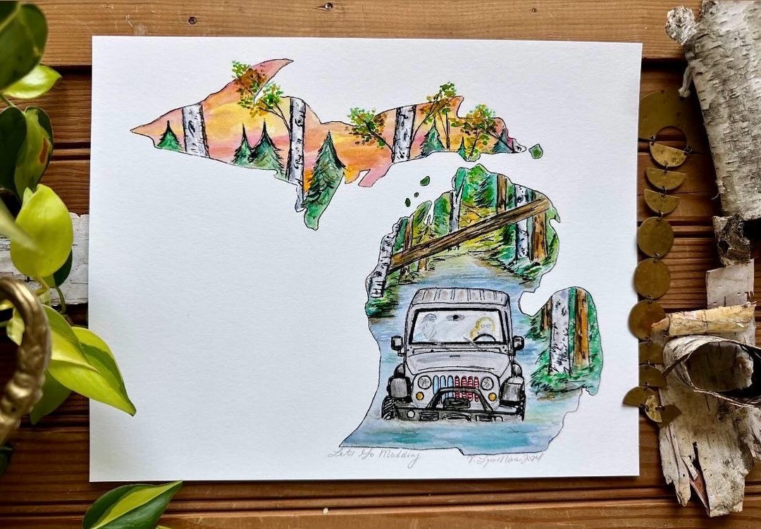 Michigan Outline Map State Original Watercolor Art Painting Print Jeep ...