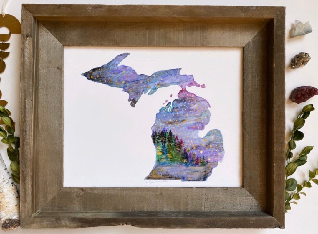 Michigan Map Outline Original Watercolor Art Print Whimsical Purple or ...