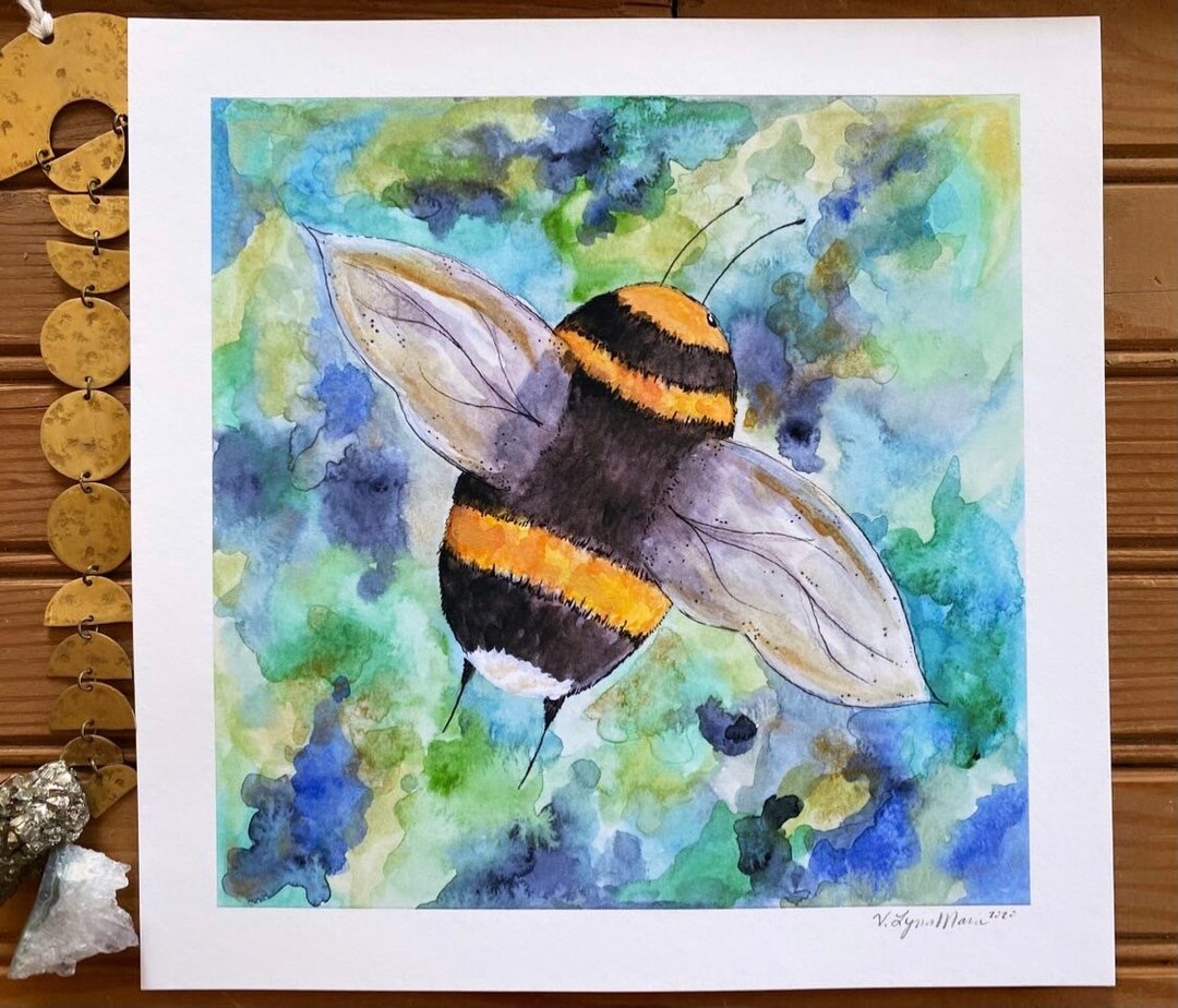 Original Bumble Bee Watercolor Art Print, Square (8x8), Whimsical ...
