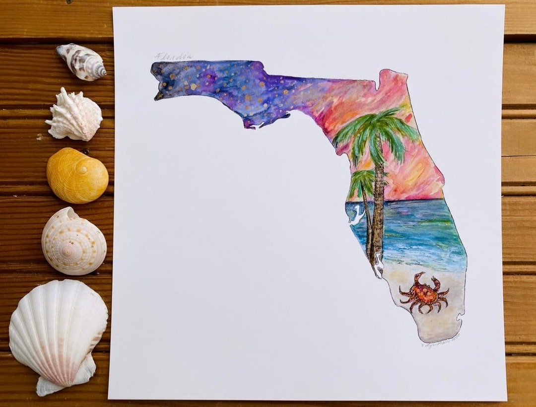 Florida Map Watercolor Print: Sunset, Palm Trees, Night Sky, Whimsical ...