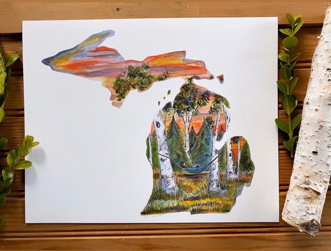 Michigan Outline State Map Original Watercolor Painting Wall Art Sunset ...