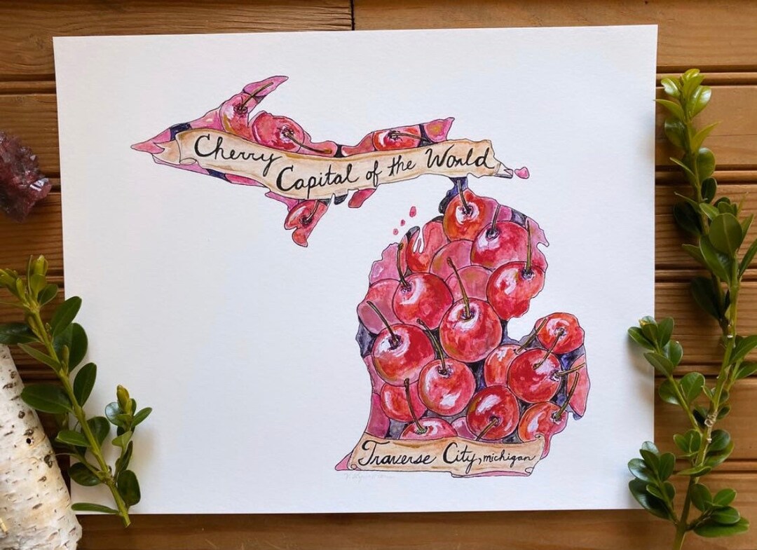 Michigan Cherry Map Watercolor Art Print - Traverse City MI ...