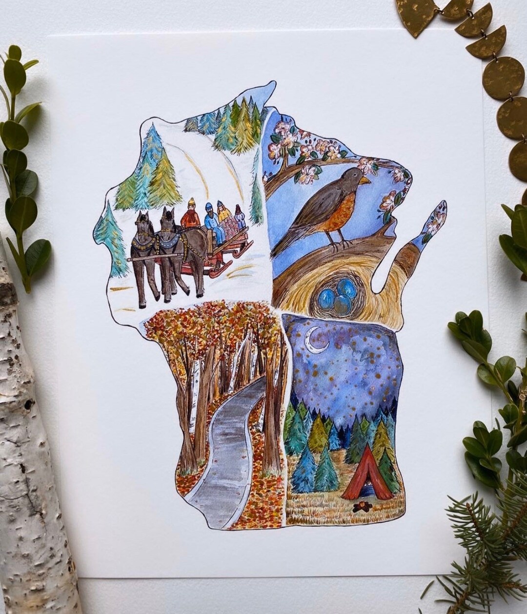 Wisconsin Art PRINT Four Seasons State Art Map Custom Watercolor ...