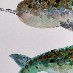 Original Fine Art Print Watercolor Whale Narwhal Painting Art Work Sea Ocean Baby Animal Home ...