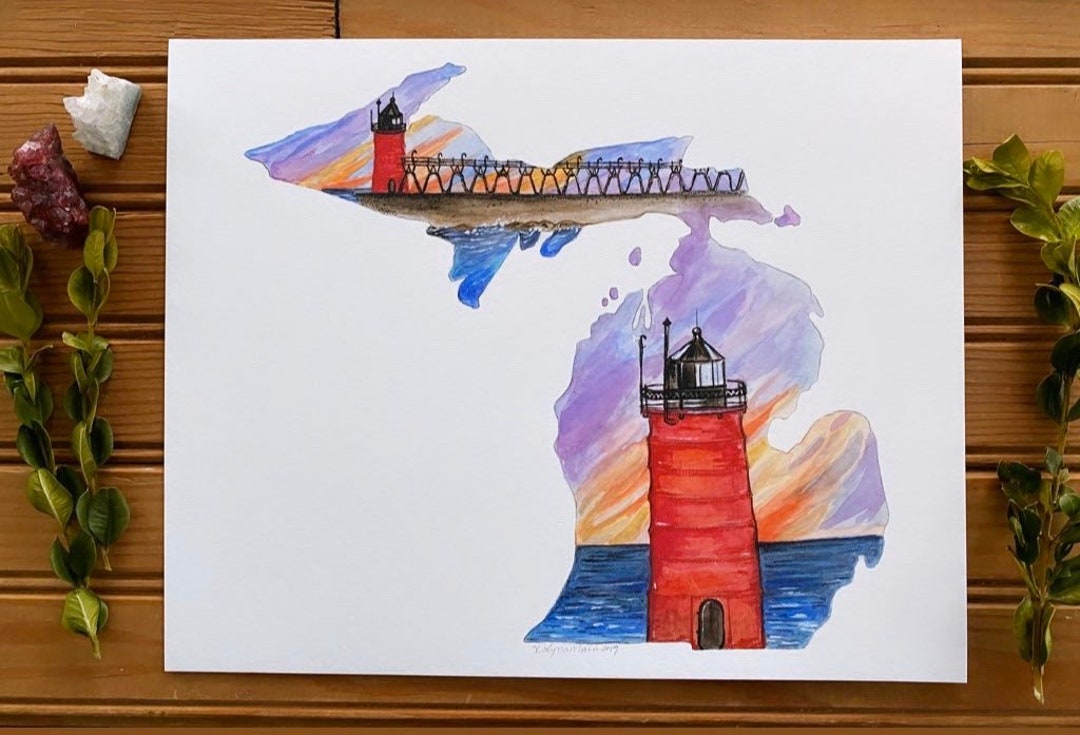 Michigan Outline State Map Original Watercolor Illustration Painting ...