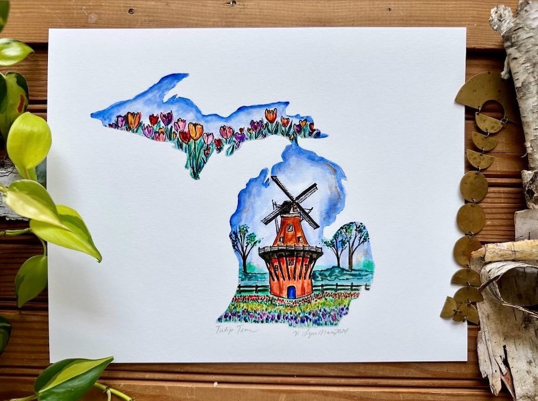Michigan Map Outline State Original Painting Art Print Colorful Floral ...