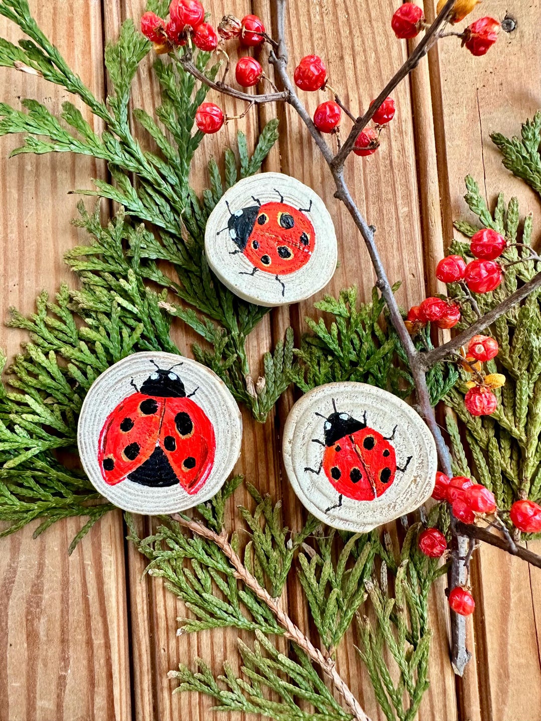 Original Wood Slice Magnet Nature Fat Red Lady Bug Ladybug Insect ...