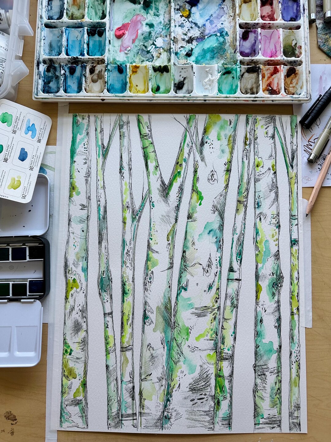 Original Watercolor Painting: Lichen Moss, Aspen Birch Trees, 14x11 ...