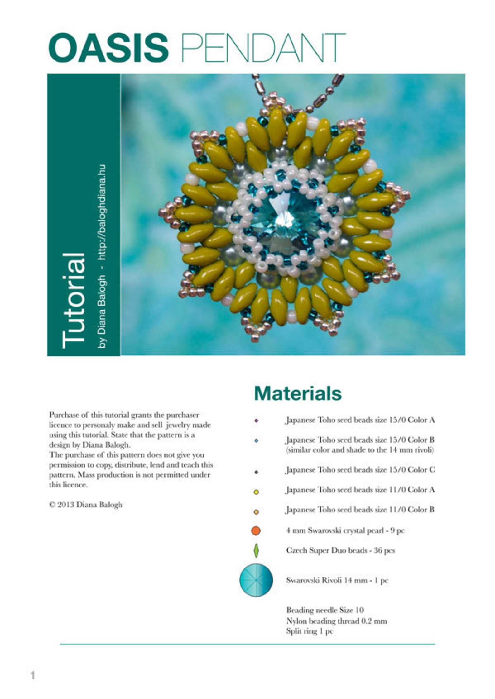 Oasis Pendant Beading Pattern, Swarovski Rivoli and Super Duo Bead Pendant Beading Tutorial, PDF ...