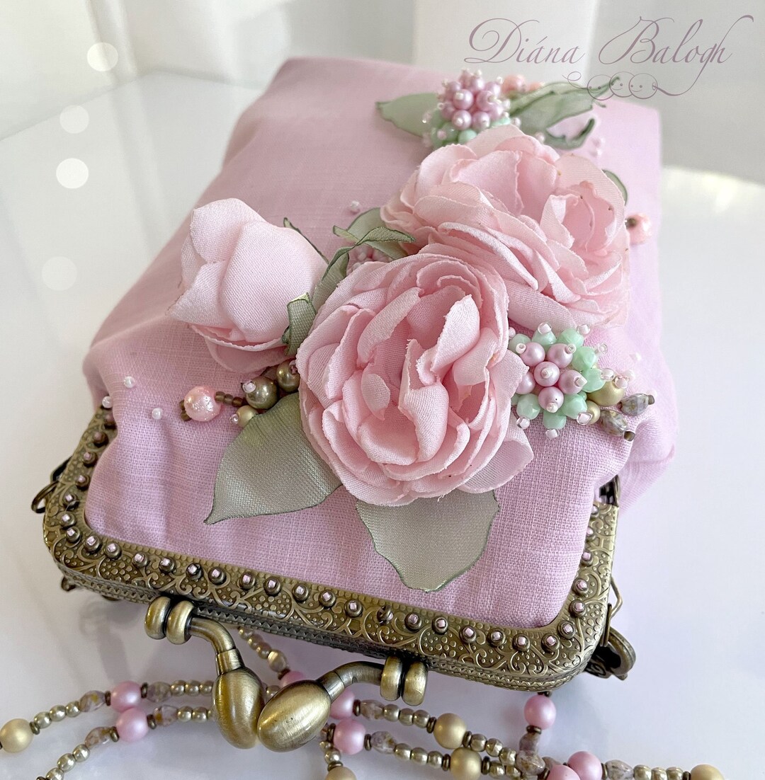 Rose Bag, Designer Bag, Handmade Vintage Casual Kiss Clasp Bag With ...