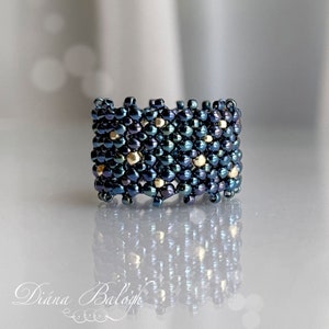 Beading Pattern Starry Night Flat Chenille Stitch® Ring Beading Tutorial Ring Flat Chenille Ring ...