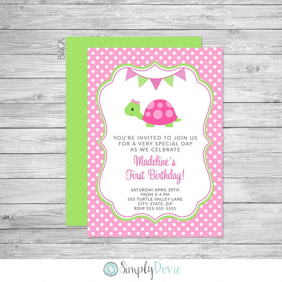 Turtle Birthday Invitation Printable Front and Back - Cute Turtle ...