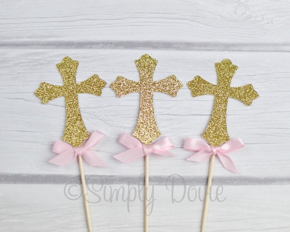 Gold Glitter Cross Cupcake Toppers, Baptism, Easter, Gold Glitter ...