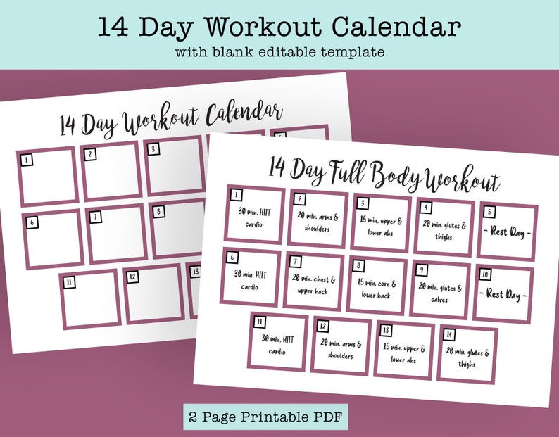 14 Day Fitness Calendar With Blank Fitness Planner Template, Print at ...