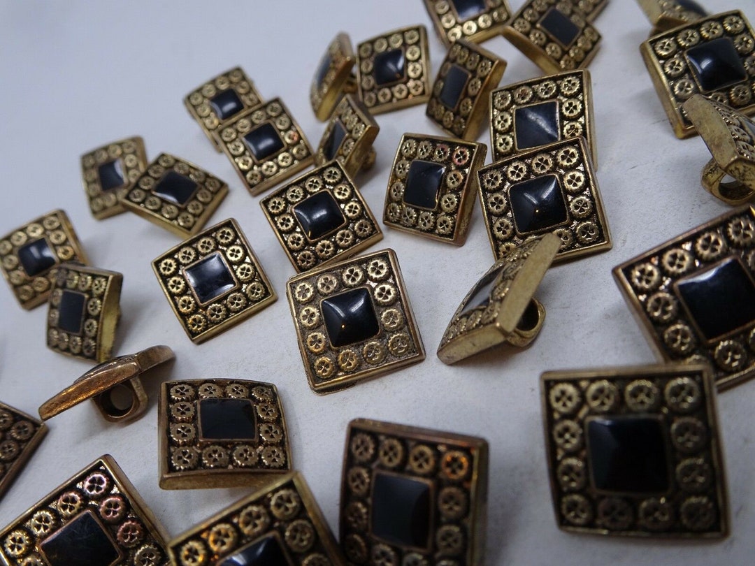 Vintage Black Antique Gold Square Metal Buttons Ornate Border 13mm Lot ...