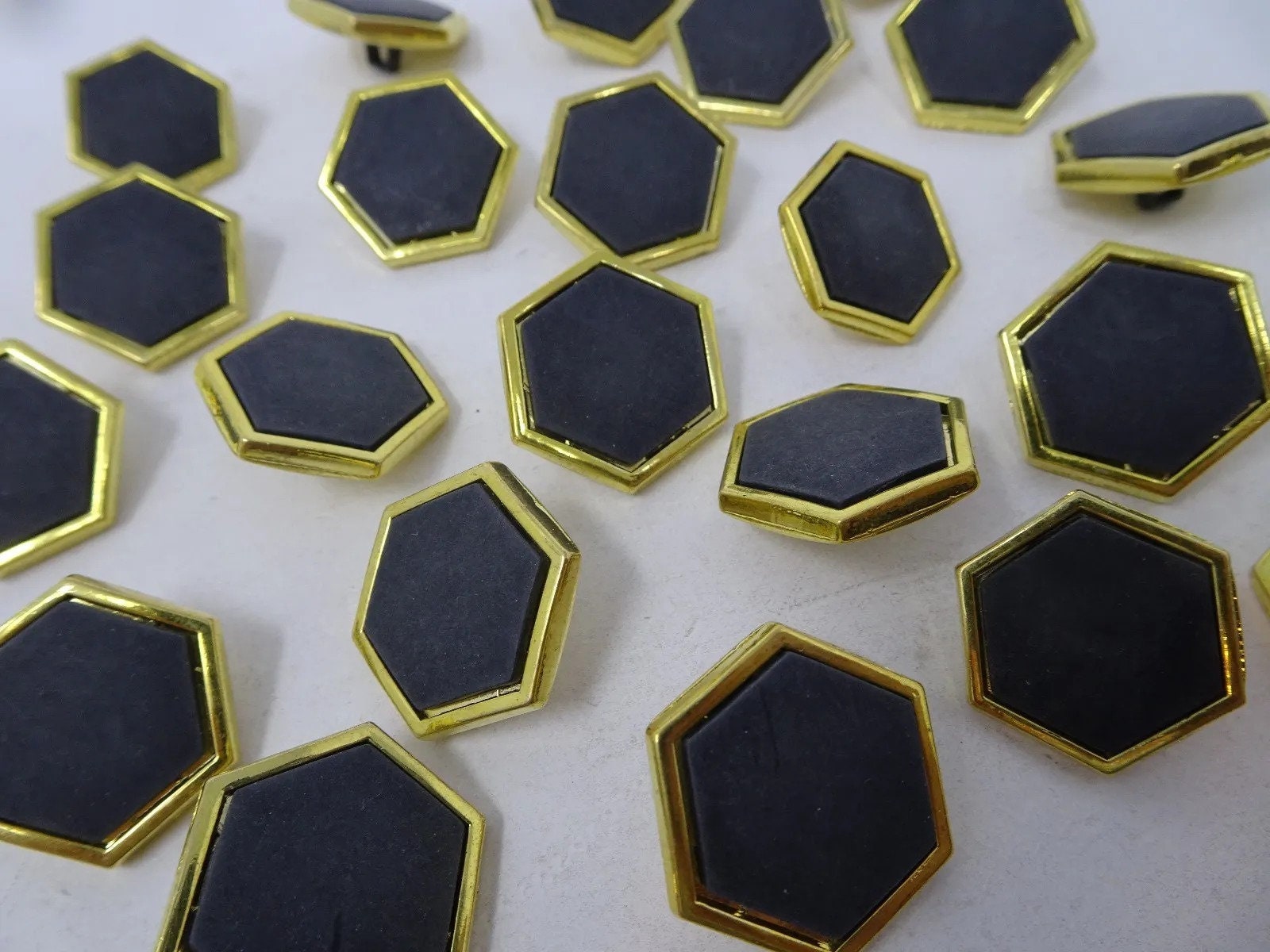 Vintage Dull Black Hexagon W/ Gold Border Shank Button 21mm Lot of 4 ...