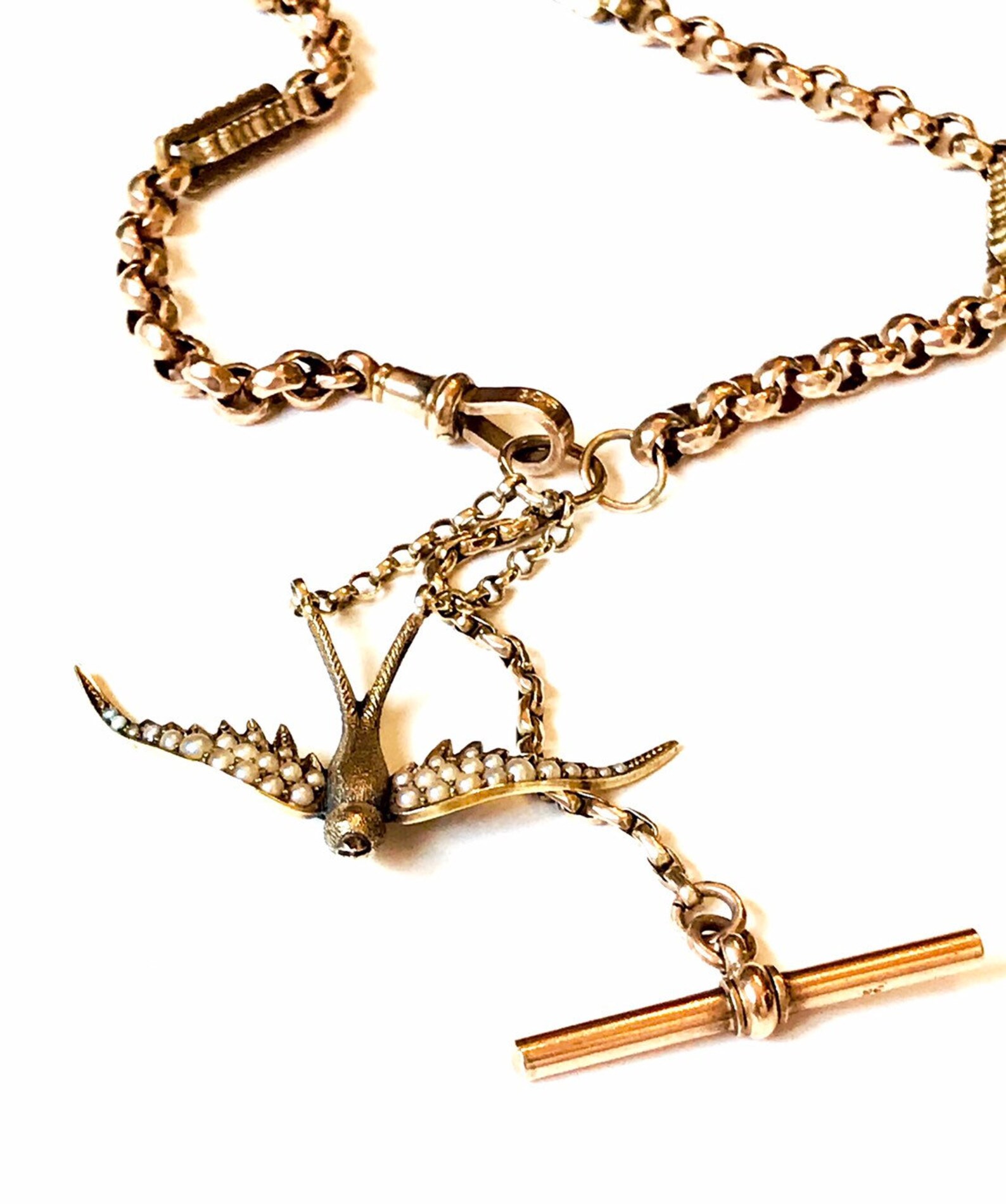 Antique 9ct/15ct Gold & Pearl Swallow and Etruscan Link Albert Watch ...