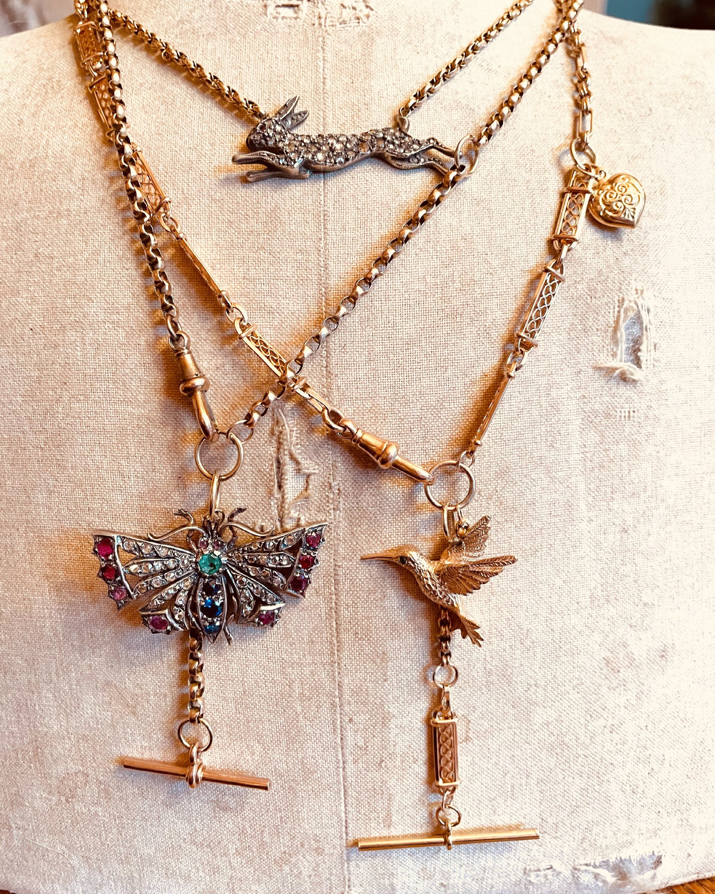 Antique 9ct Gold Guard Chain Necklace With Diamond, Emerald, Sapphire ...