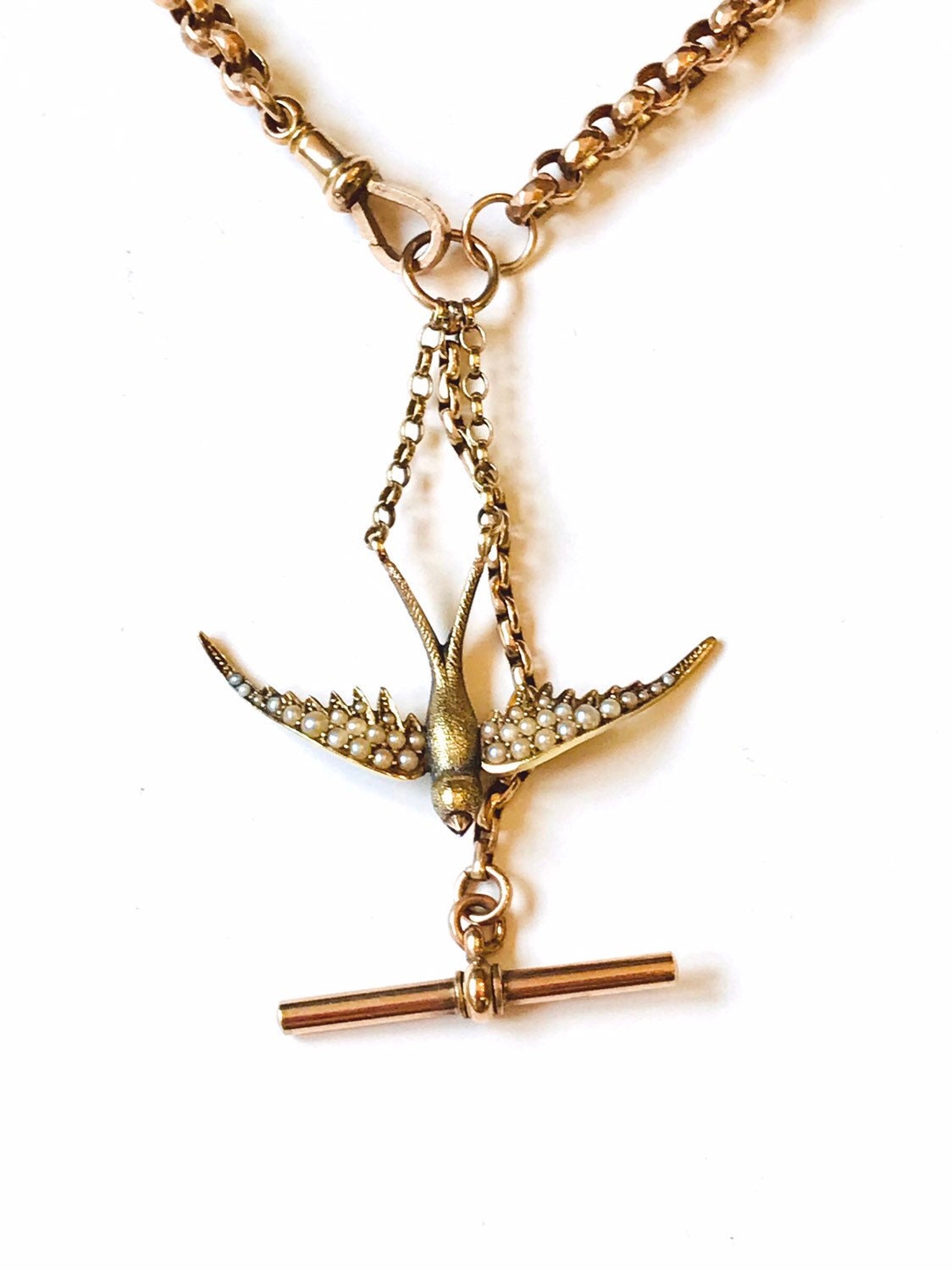 Antique 9ct/15ct Gold & Pearl Swallow and Etruscan Link Albert Watch ...