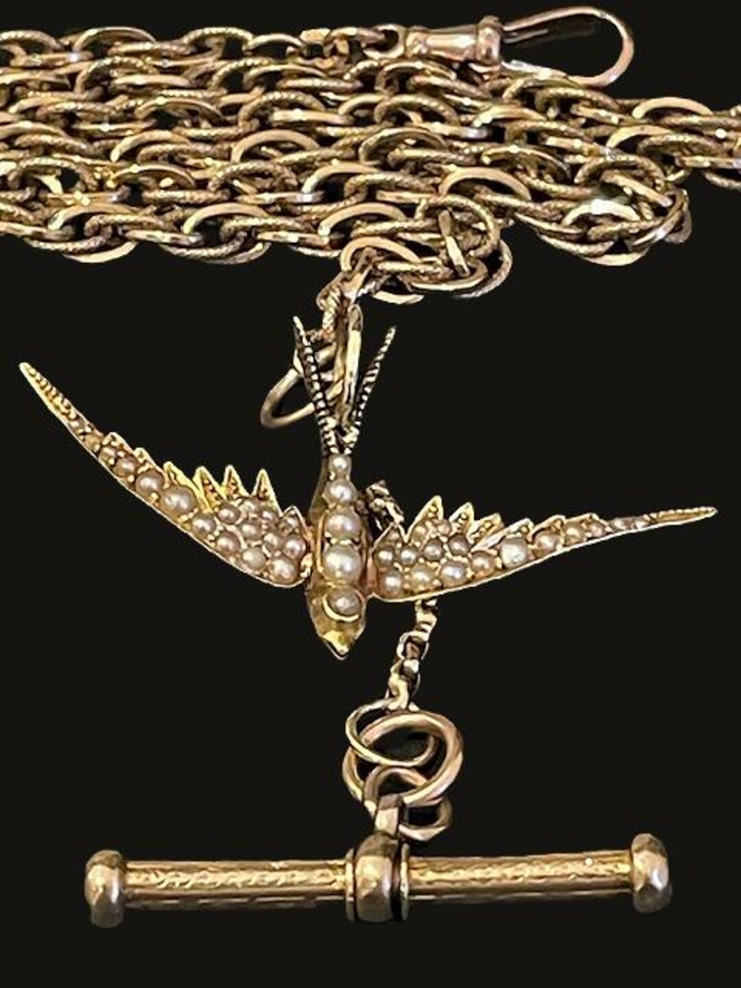 Antique 15ct Gold & Pearl Swallow, 9ct Gold T Bar on 9ct Gold Vintage ...