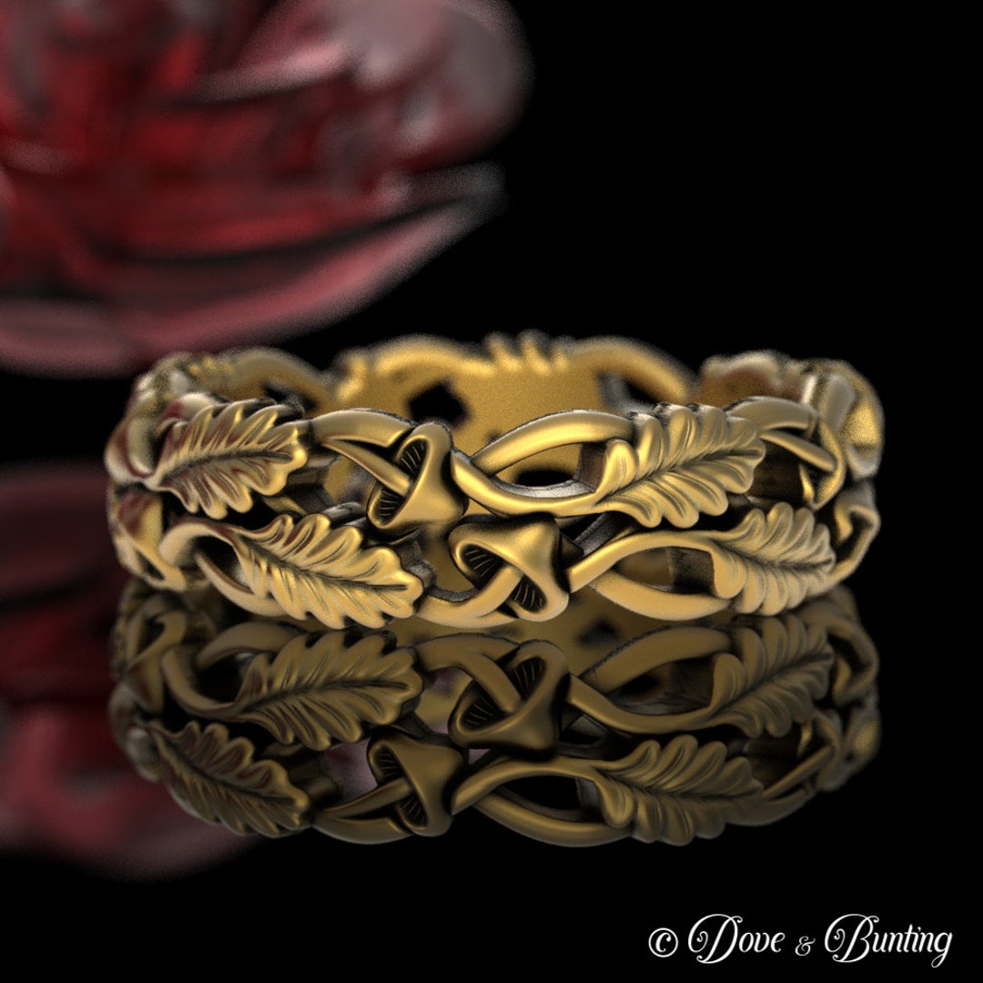 10K Gold Mushroom Nature Ring, 14K Womens Botanical Wedding Band, White ...