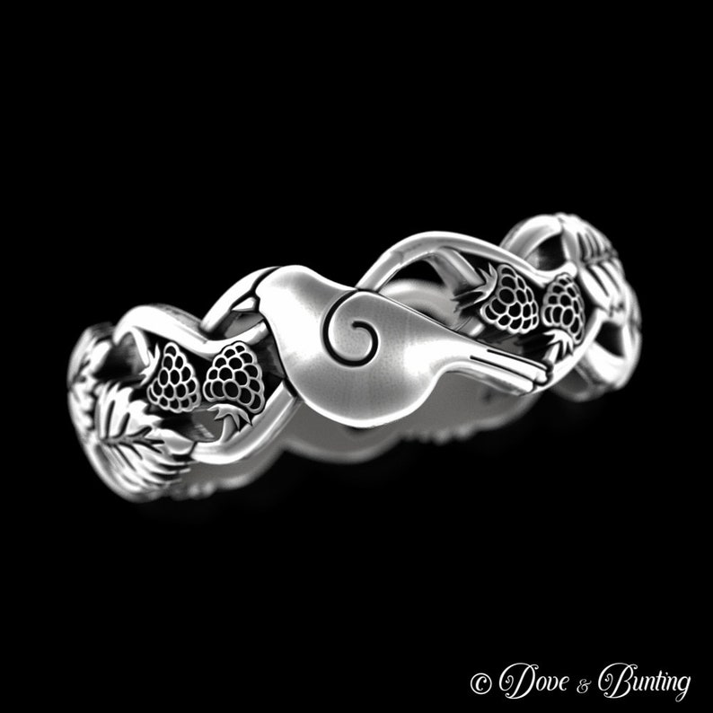 10K Gold Bird & Berries Ring, White Gold Sparrow Blackberry Ring ...