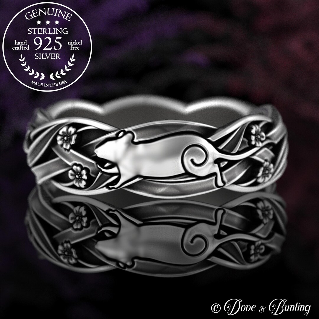 Sterling Rat & Flowers Ring, Silver Rodent Ring, Floral Mouse Ring ...