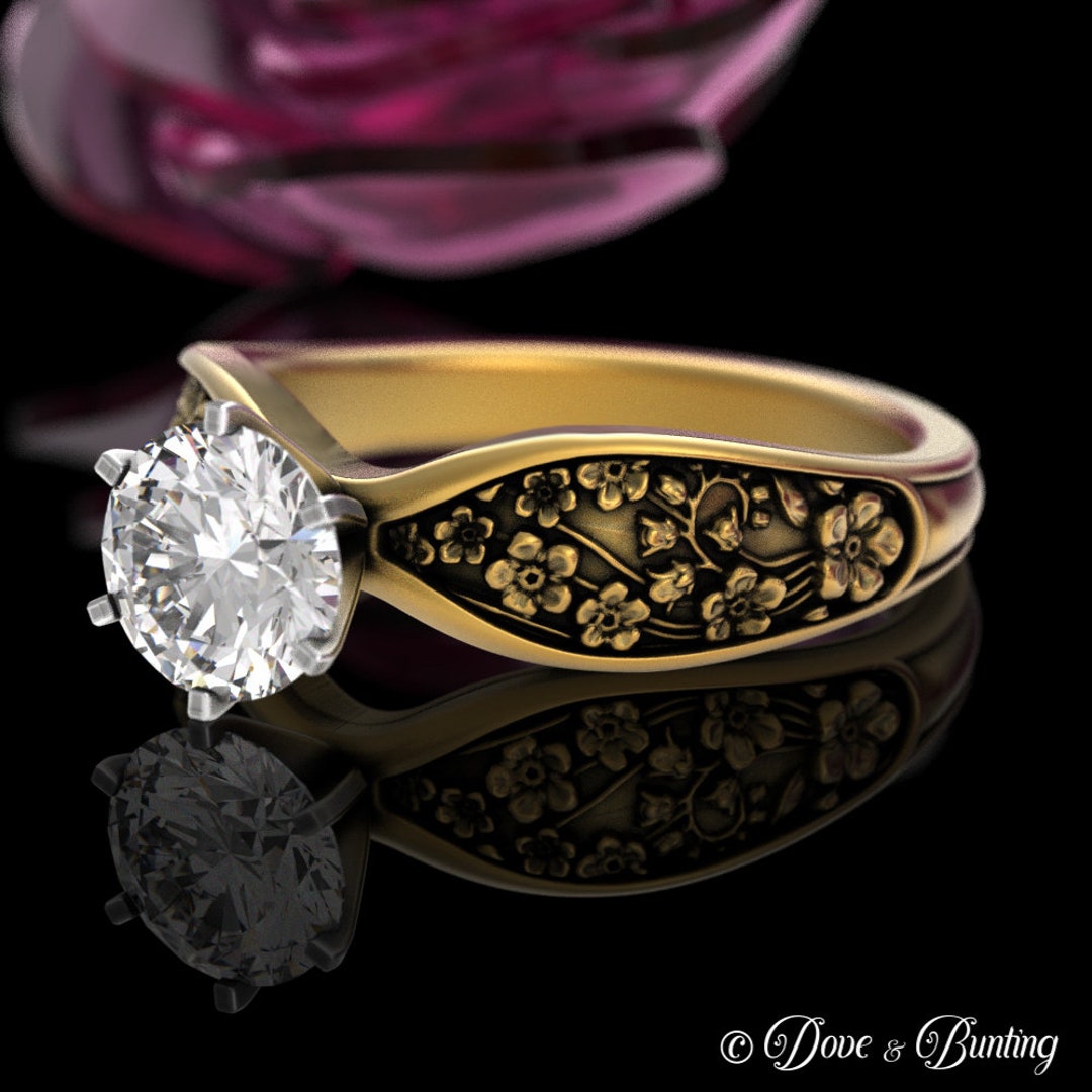 10K 14K Gold Forget-me-not Engagement Ring, Moissanite White Gold ...