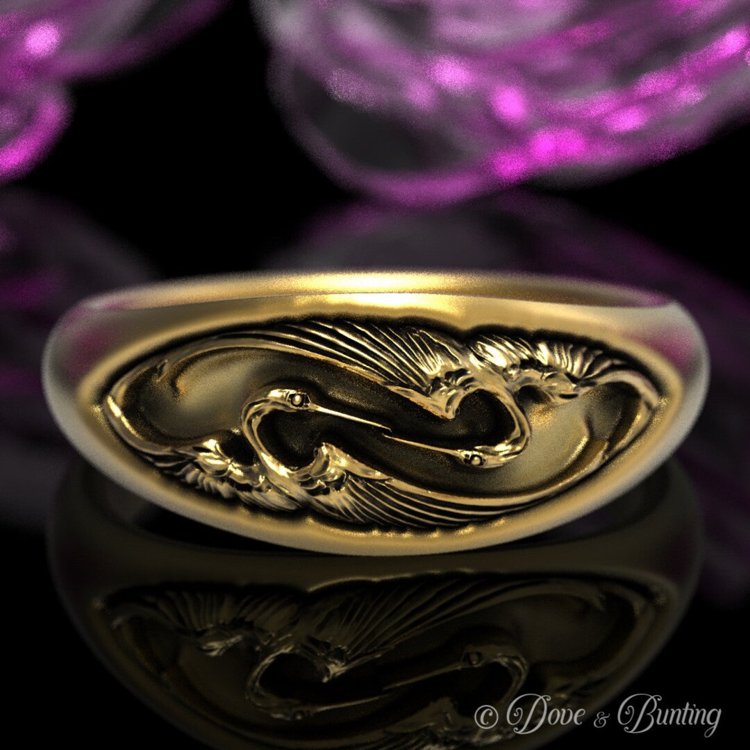 Gold Crane Ring, Art Nouveau Bird Ring, Gold Nouveau Ring, White Gold ...