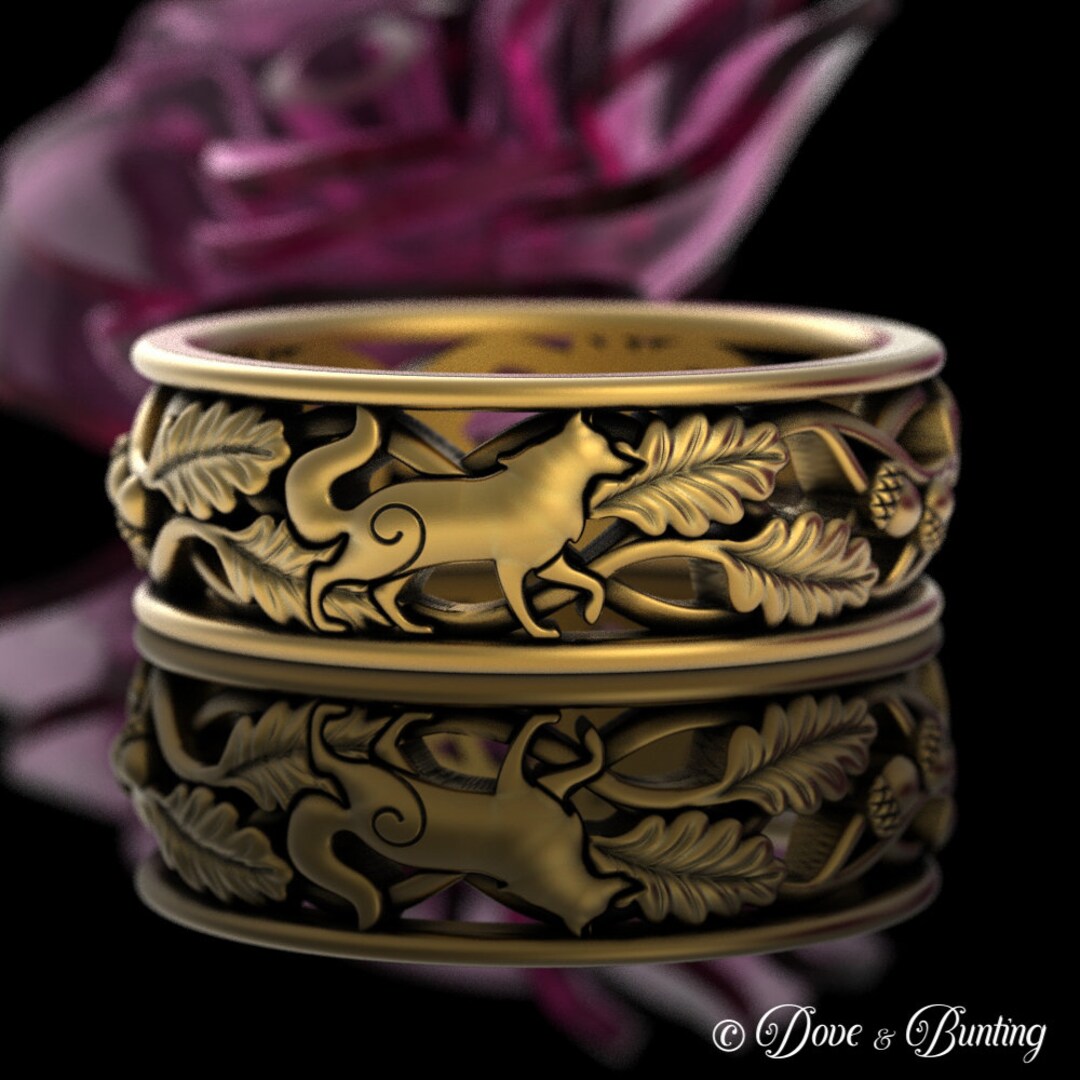 10K Gold Mens Wolf Wedding Ring, 14K Botanical Wolf Wedding Band, 18K ...