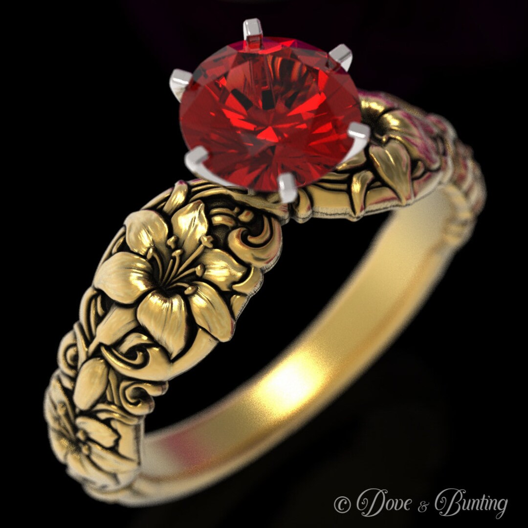 10K Ruby Lily Ring, 14K Gold Floral Engagement, Ruby Flower Ring ...