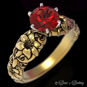 10K Ruby Lily Ring, 14K Gold Floral Engagement, Ruby Flower Ring ...