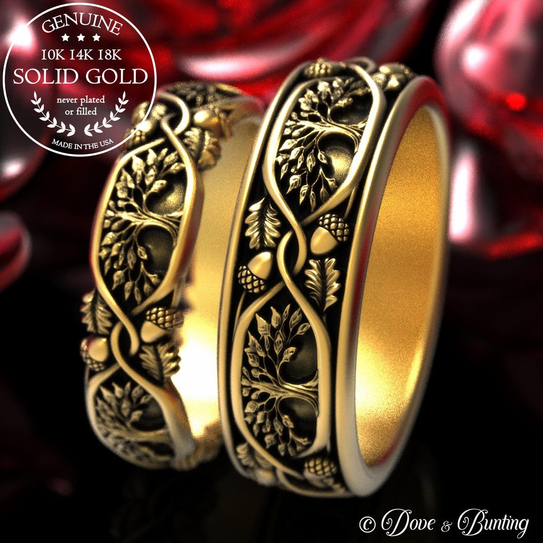 10K Gold Forest & Oak Tree Wedding Ring Set, Gold Acorn Nature Rings ...