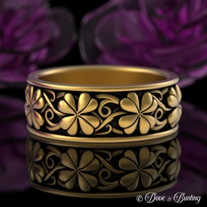 Mens Style Gold Four Leaf Clover Ring, 10K 14K Shamrock Groom Ring, Scottish Botanical Lucky ...